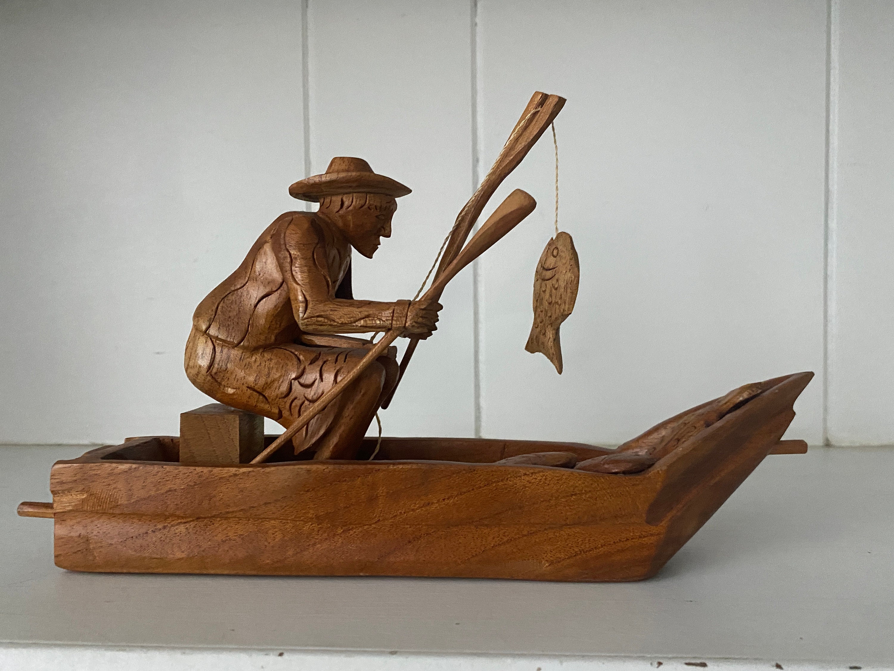 Wooden Fisherman Decoration Vintage Hand-carved Folk Art of Old Man ...