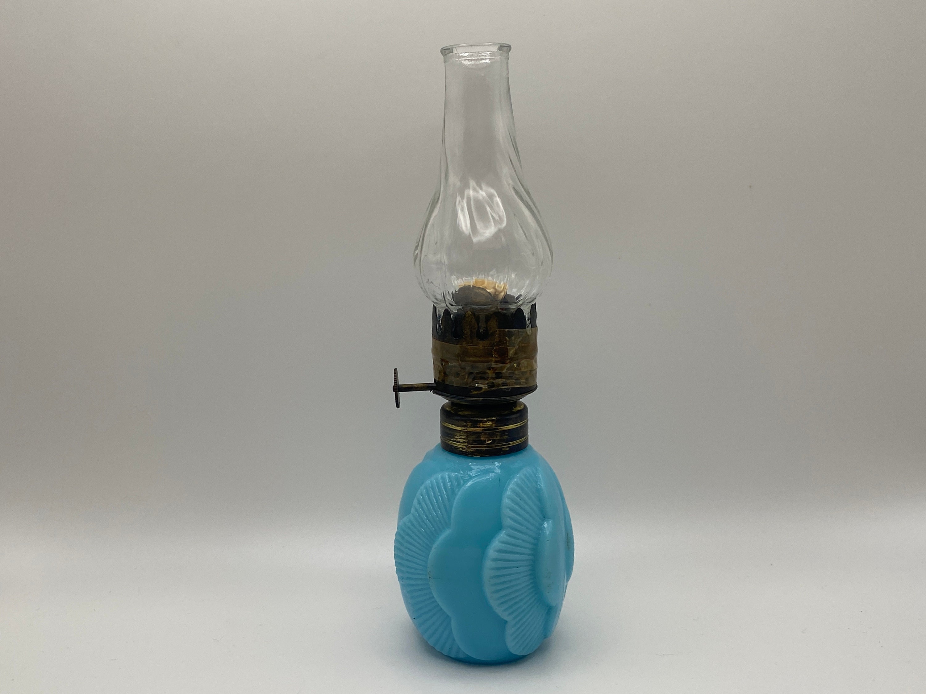 Miniature Nutmeg Blue Milk Glass Oil Lamp Rare Design