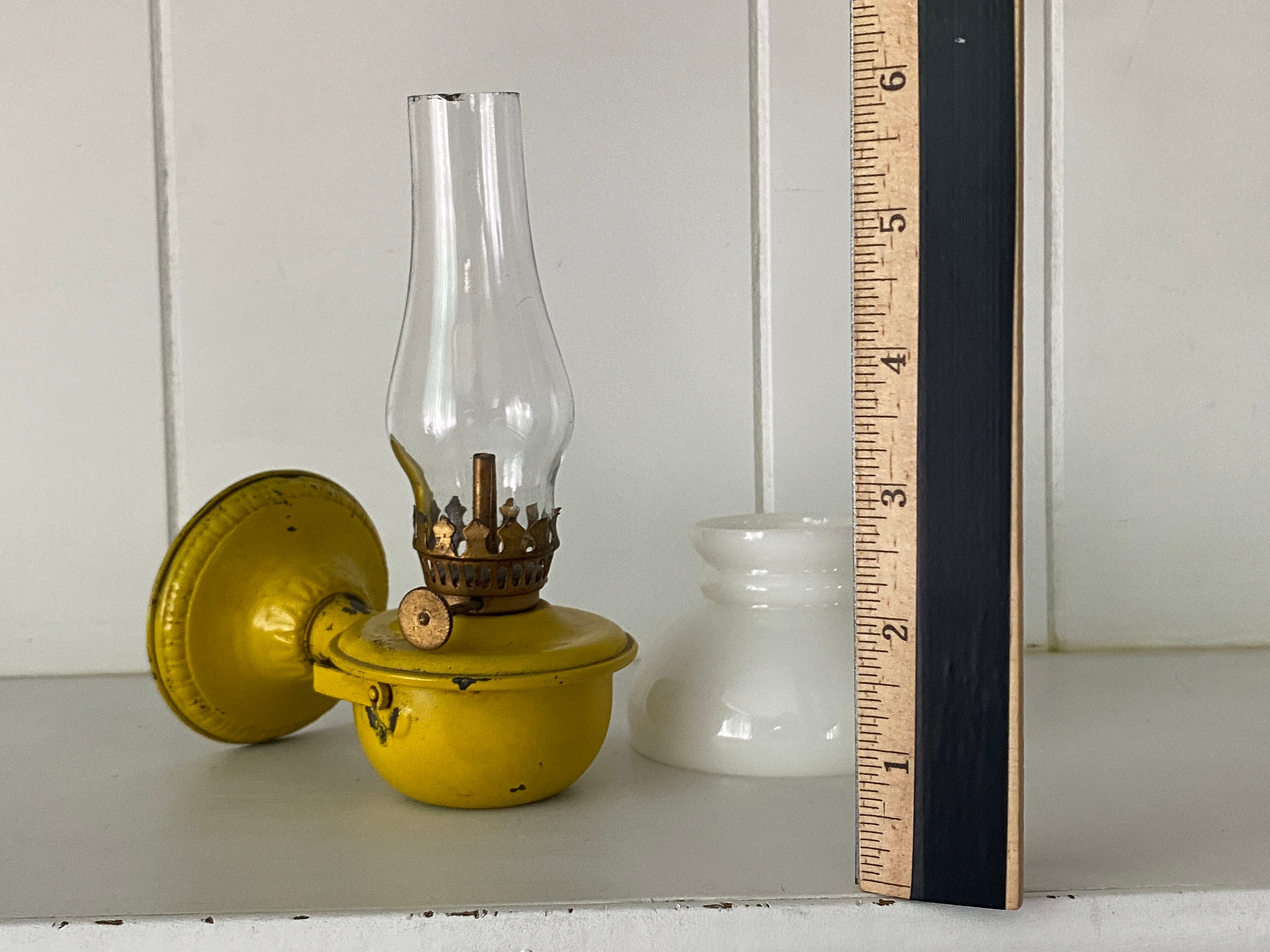 Rare Miniature Yellow Wall Mounted Vintage Oil Lamp With Shade