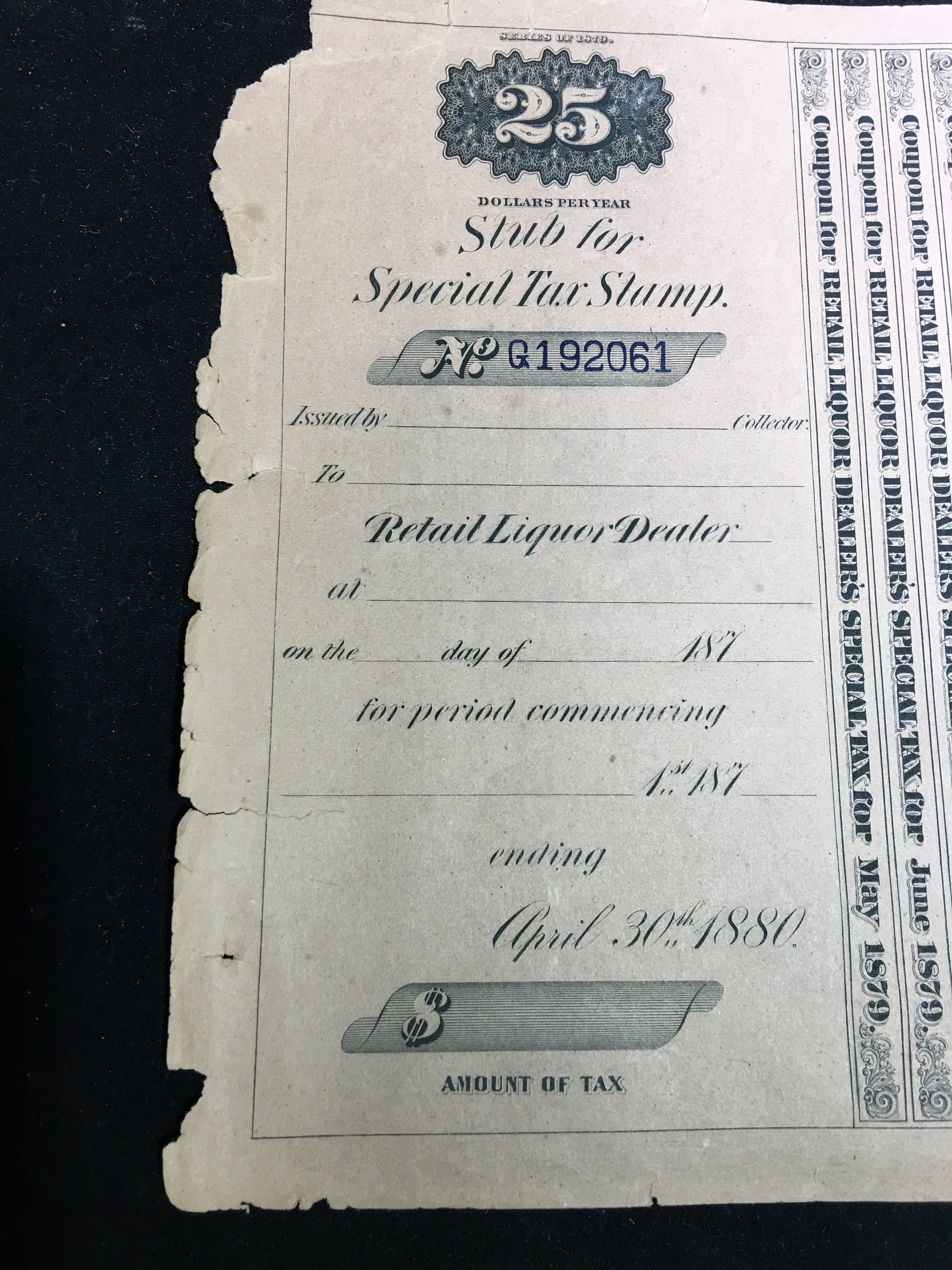 1879 Internal Revenue Special Tax Stamp Retail Liquor Dealer Documents (2)
