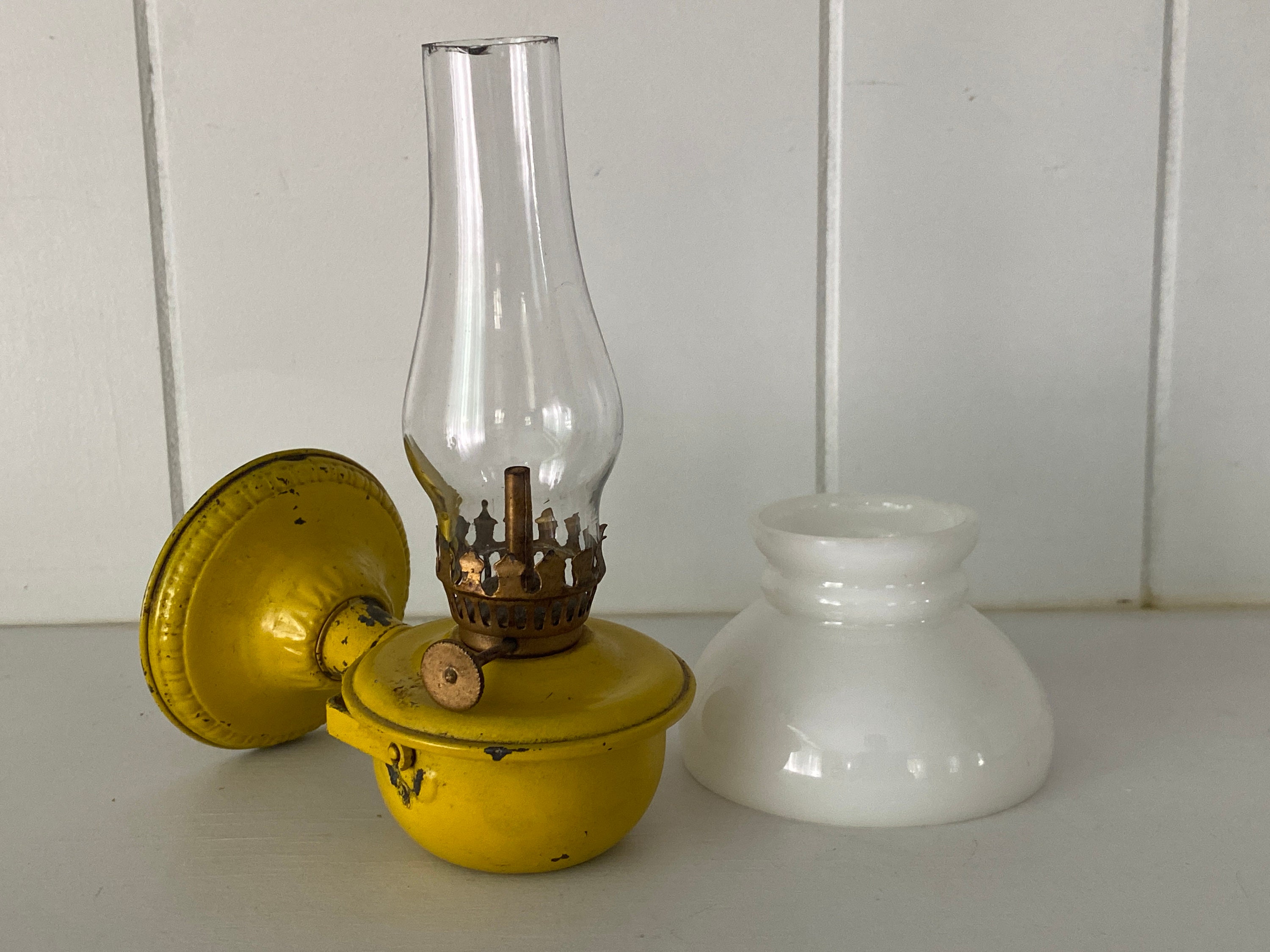 Rare Miniature Yellow Wall Mounted Vintage Oil Lamp With Shade