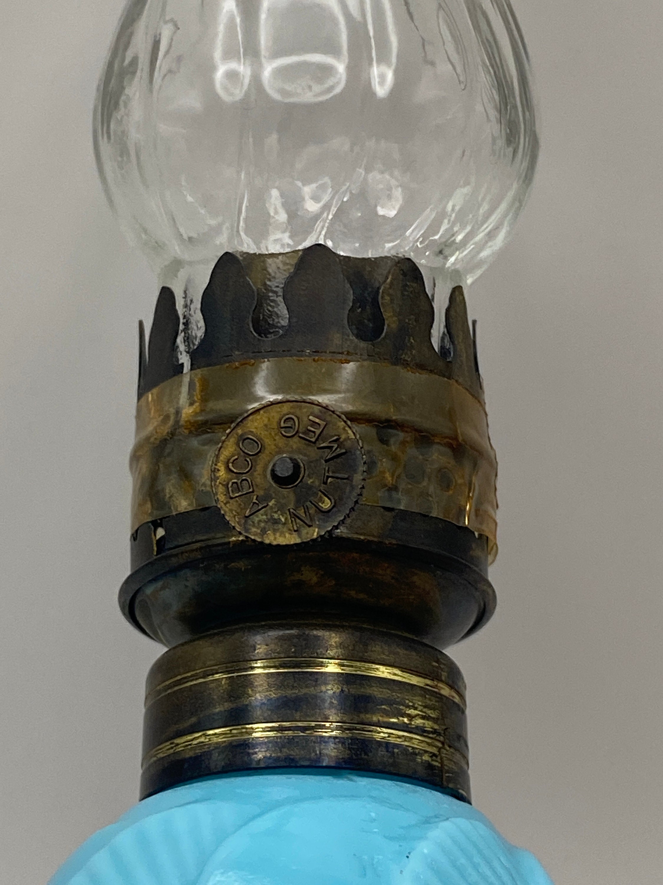 Miniature Nutmeg Blue Milk Glass Oil Lamp Rare Design