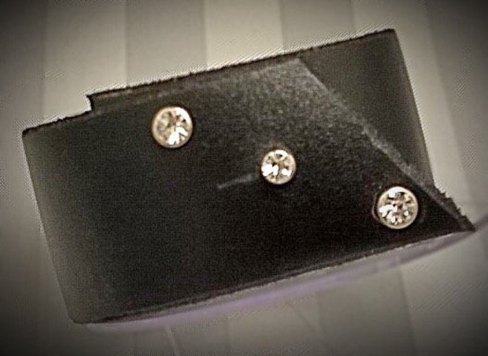 Black leather cuff bracelet. Unique design. Diamanté details. | Etsy