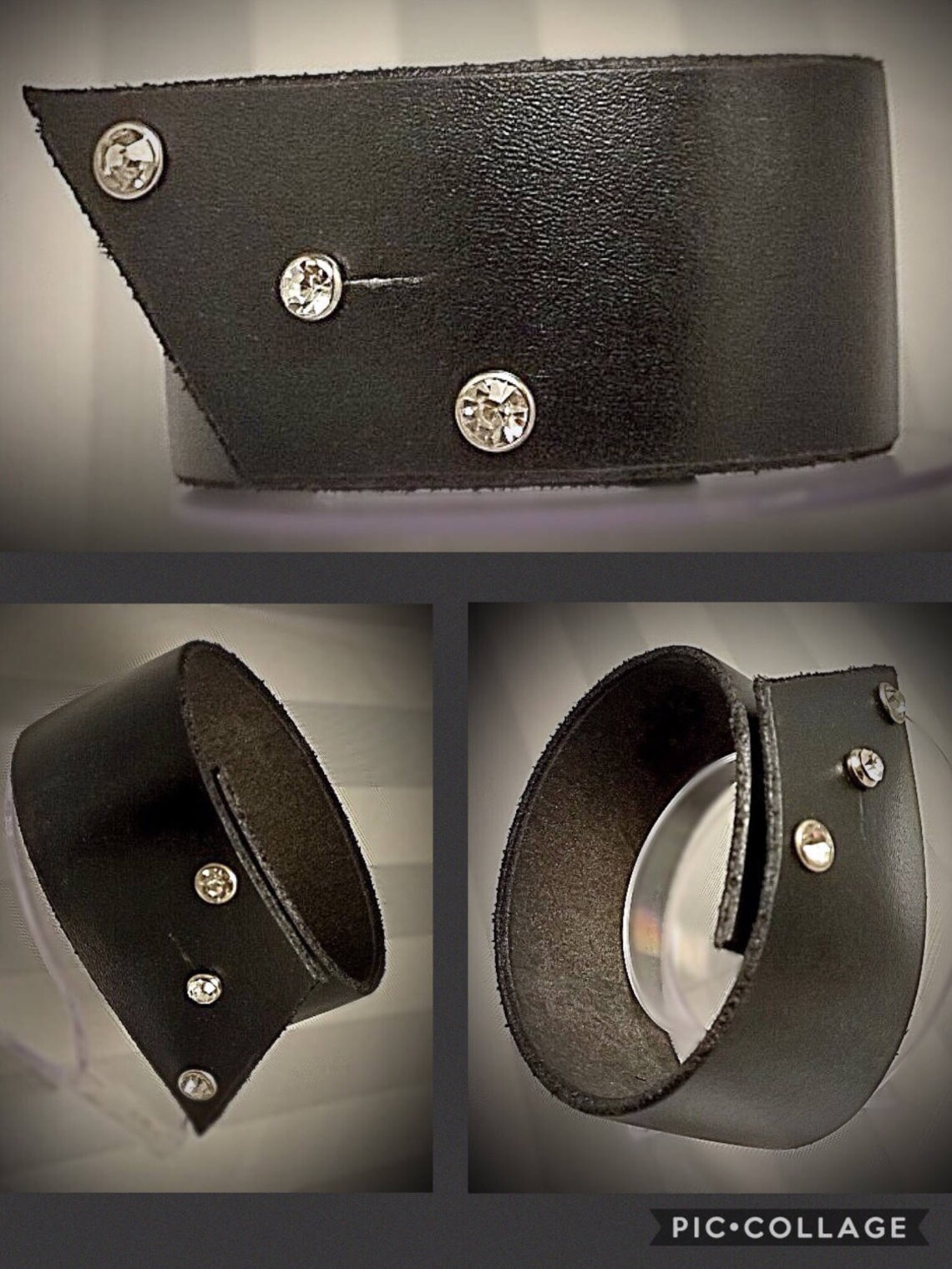 Black Leather Cuff Bracelet Unique Design Diamanté Details Etsy