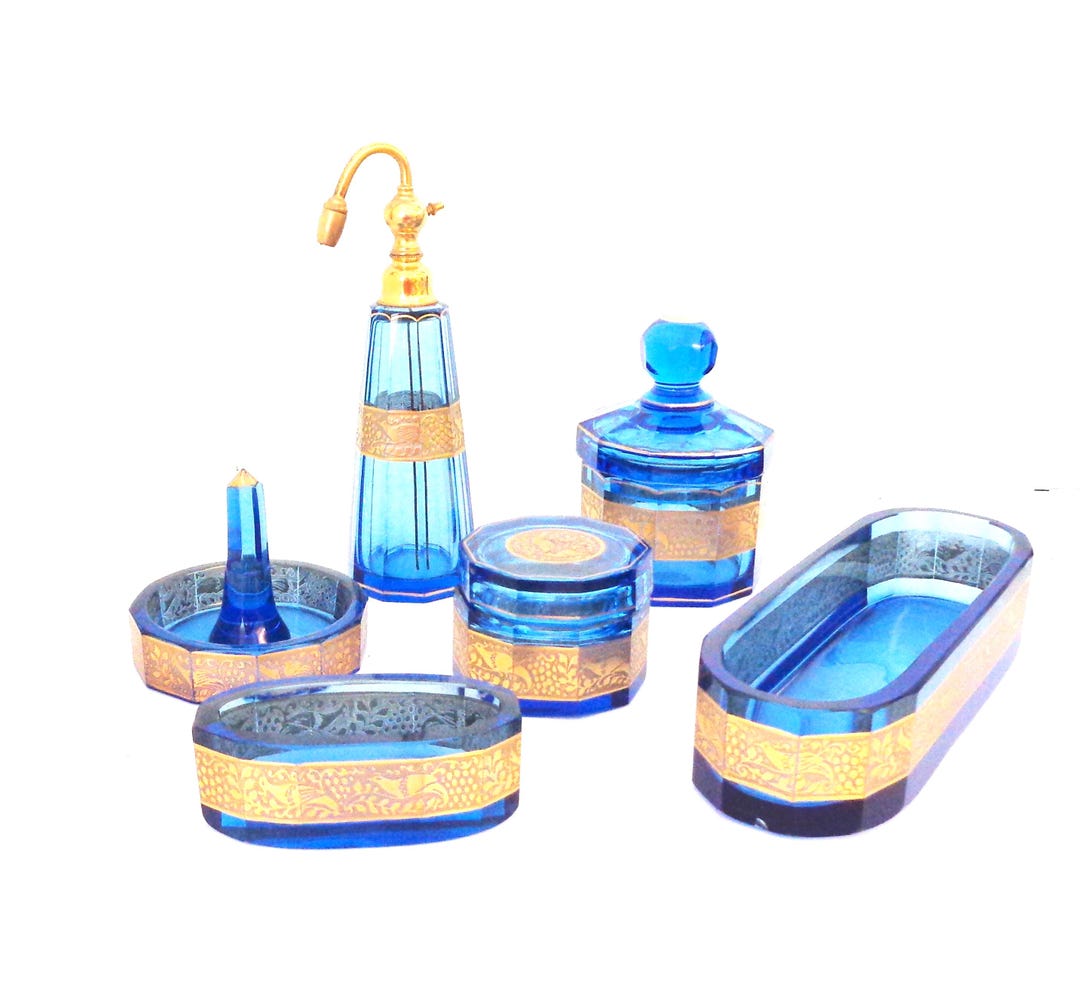 Blue Moser Vanity Set With Gilt Frieze of Birds 8 Pieces - Etsy