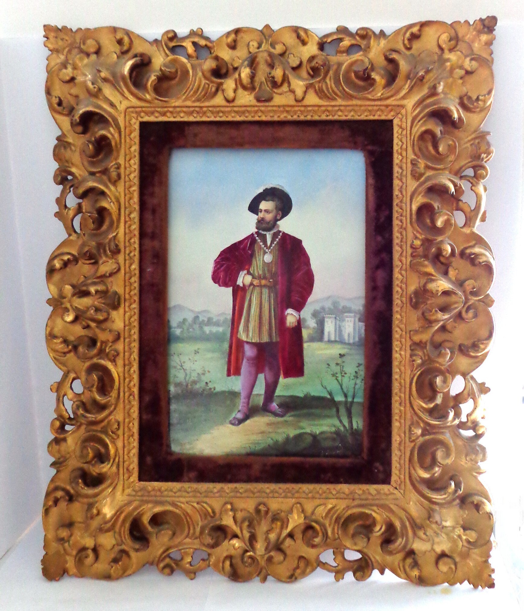 REDUCED!! Hand Painted Porcelain Plaque in Ornate Rococo Gilded Frame ...