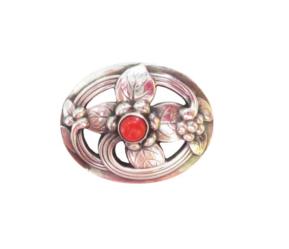 Coral and Sterling Georg Jensen Pin - Gem