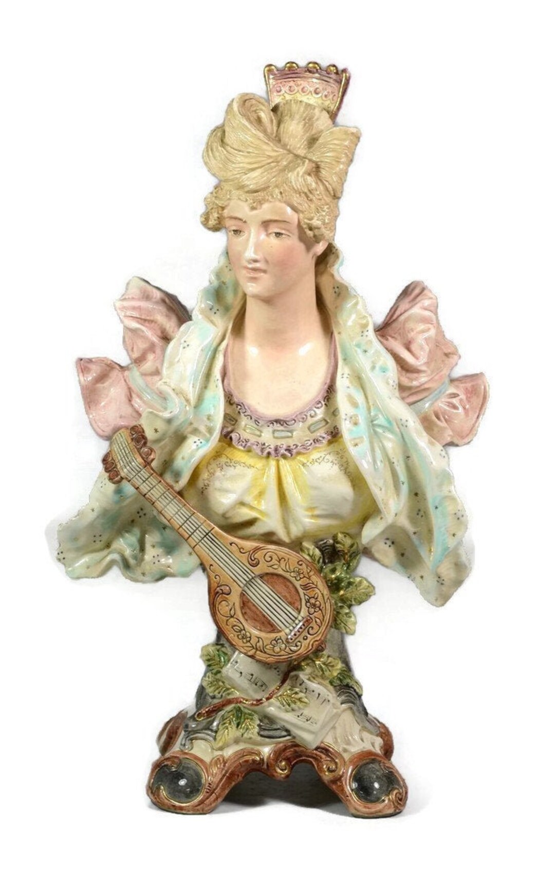 Urbach Bros. German Majolica Bust 16" of Lady With Mandolin - Etsy