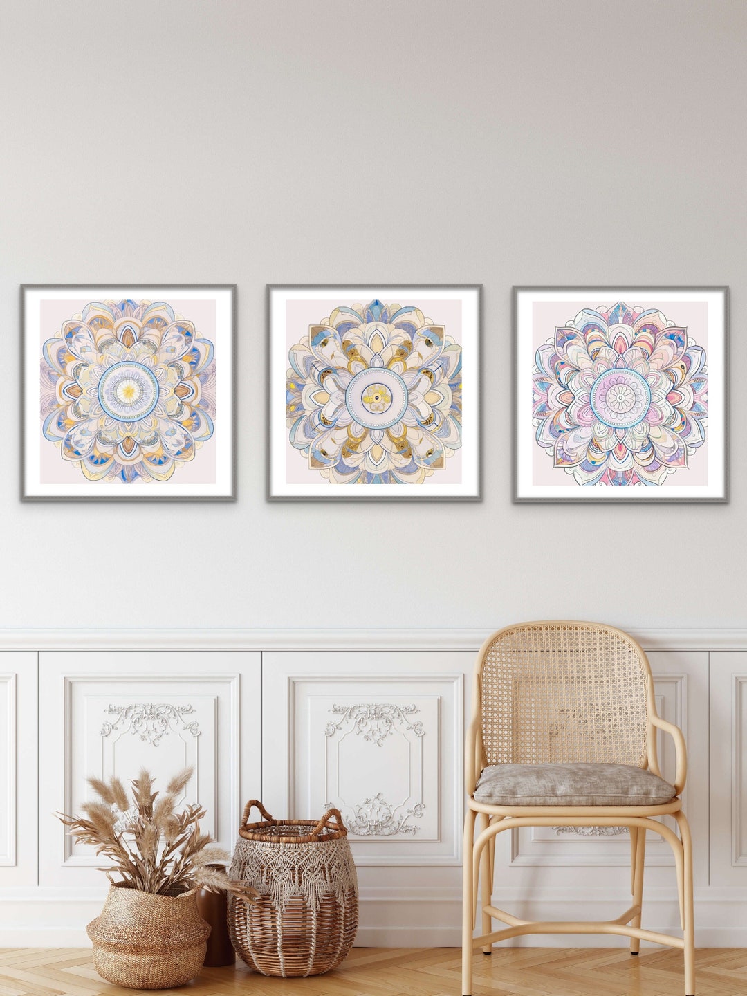 Set of 3 Mandala Prints, Soft Mandalas, Mandala Wall Art, Multi-color ...