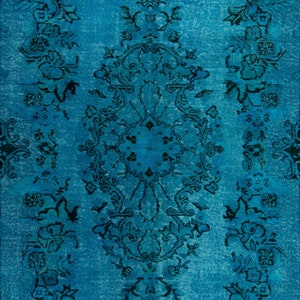 Hand Carved Wool Area Rug, Vintage Area Blue Rug, Overdyed Blue Carved ...