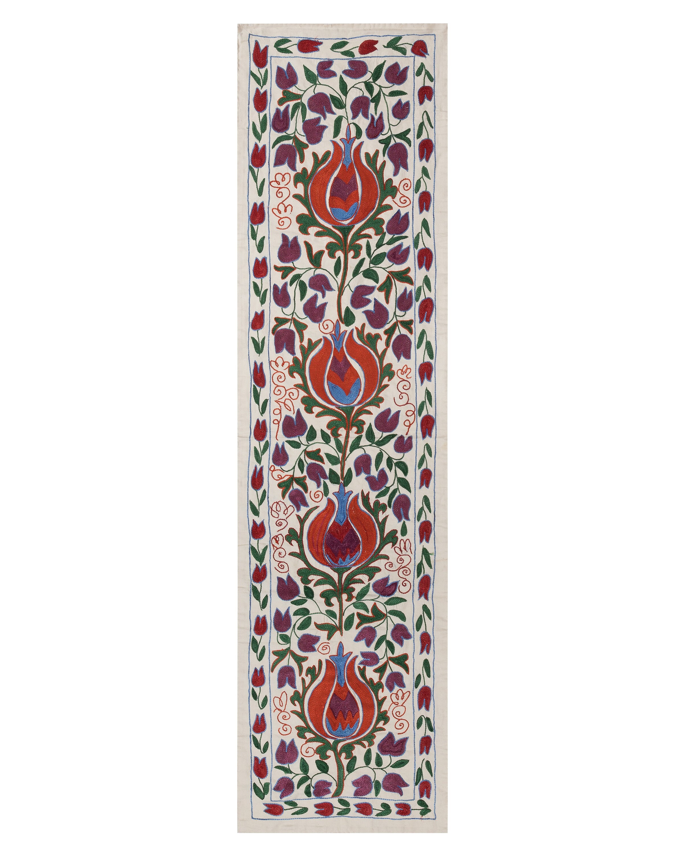 Silk Hand Embroidered Table Runner, Tulip Design Tablecloth, Suzani ...