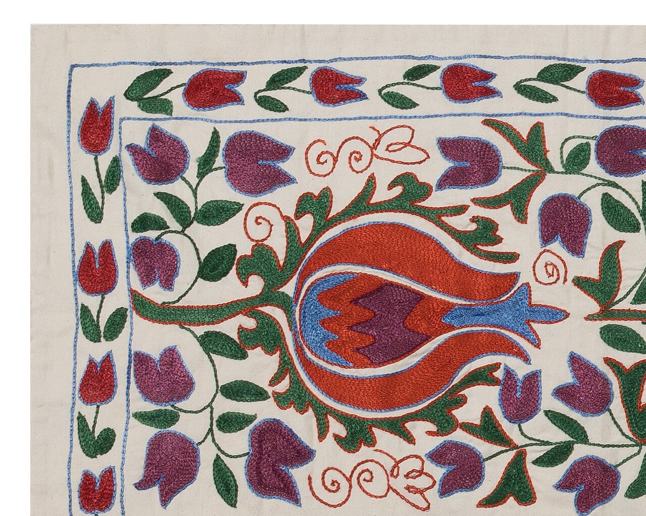 Silk Hand Embroidered Table Runner, Tulip Design Tablecloth, Suzani ...