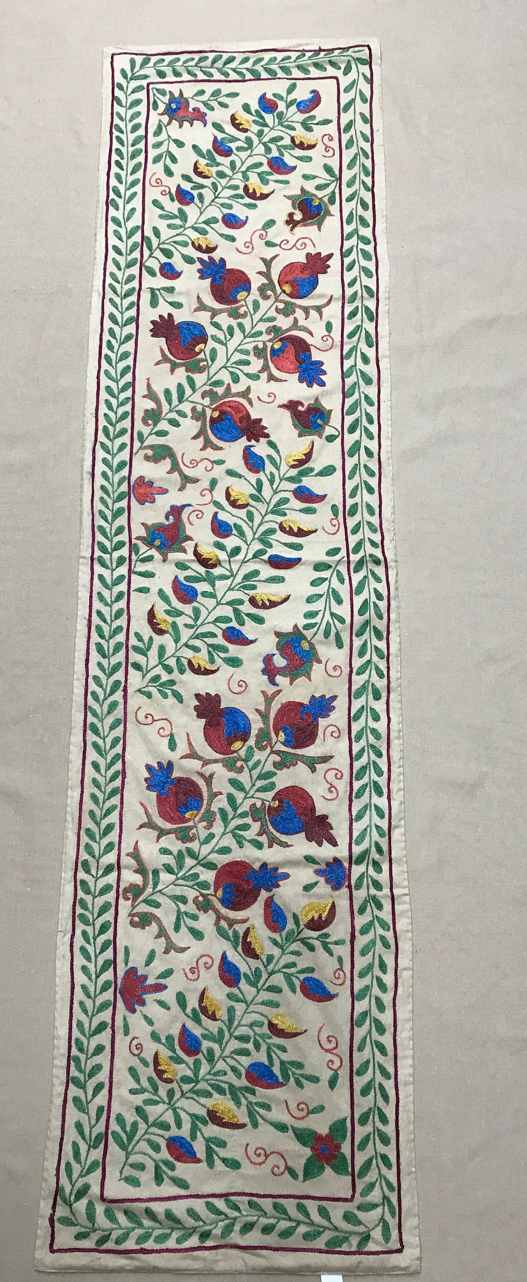Suzani Table Runner With Green Color, Pomegranates Design, 50x180 Cm ...