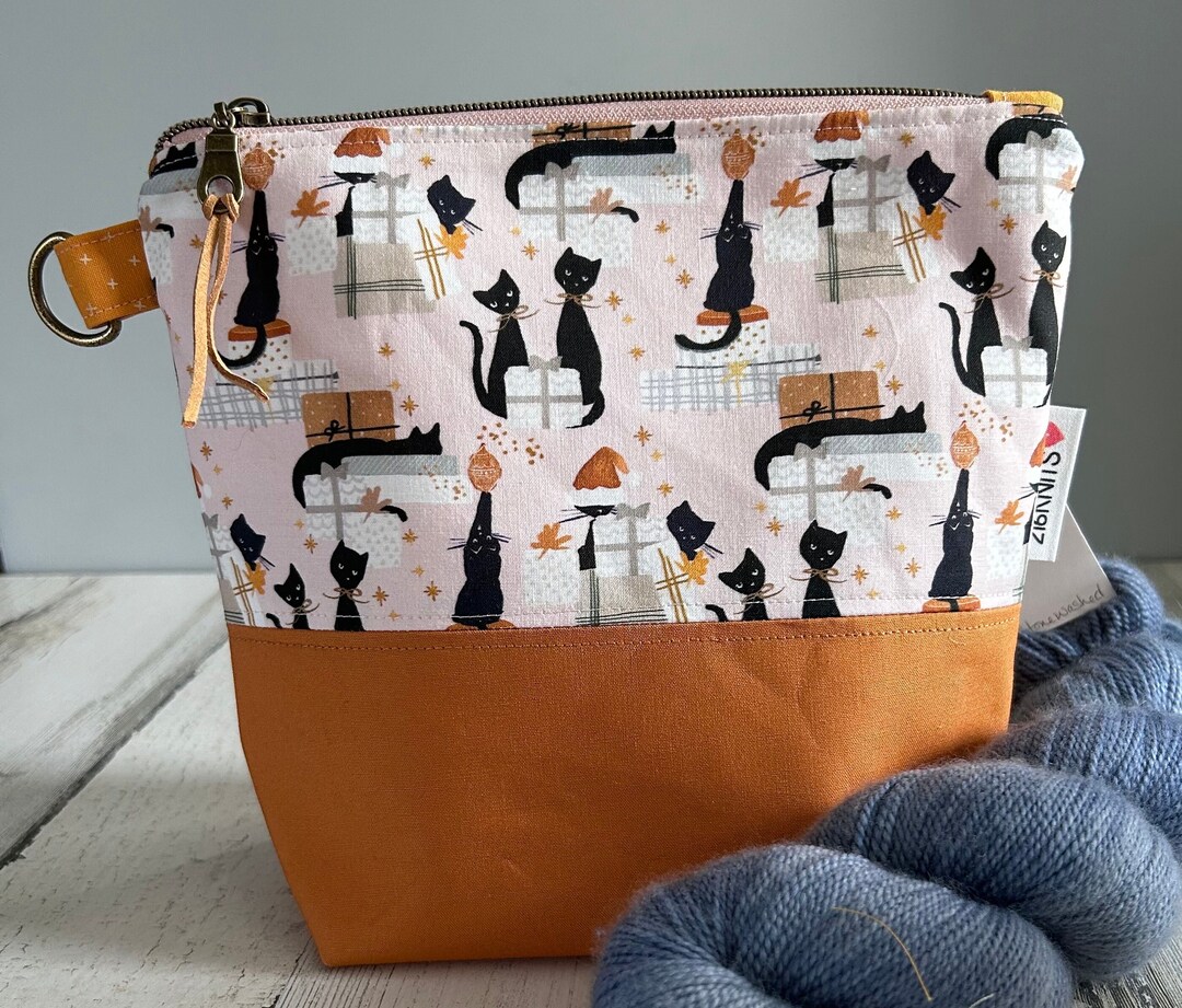 Sock Knitting Bag, Small Project Bag, Knitting Bag, Holiday Cats, Catch ...