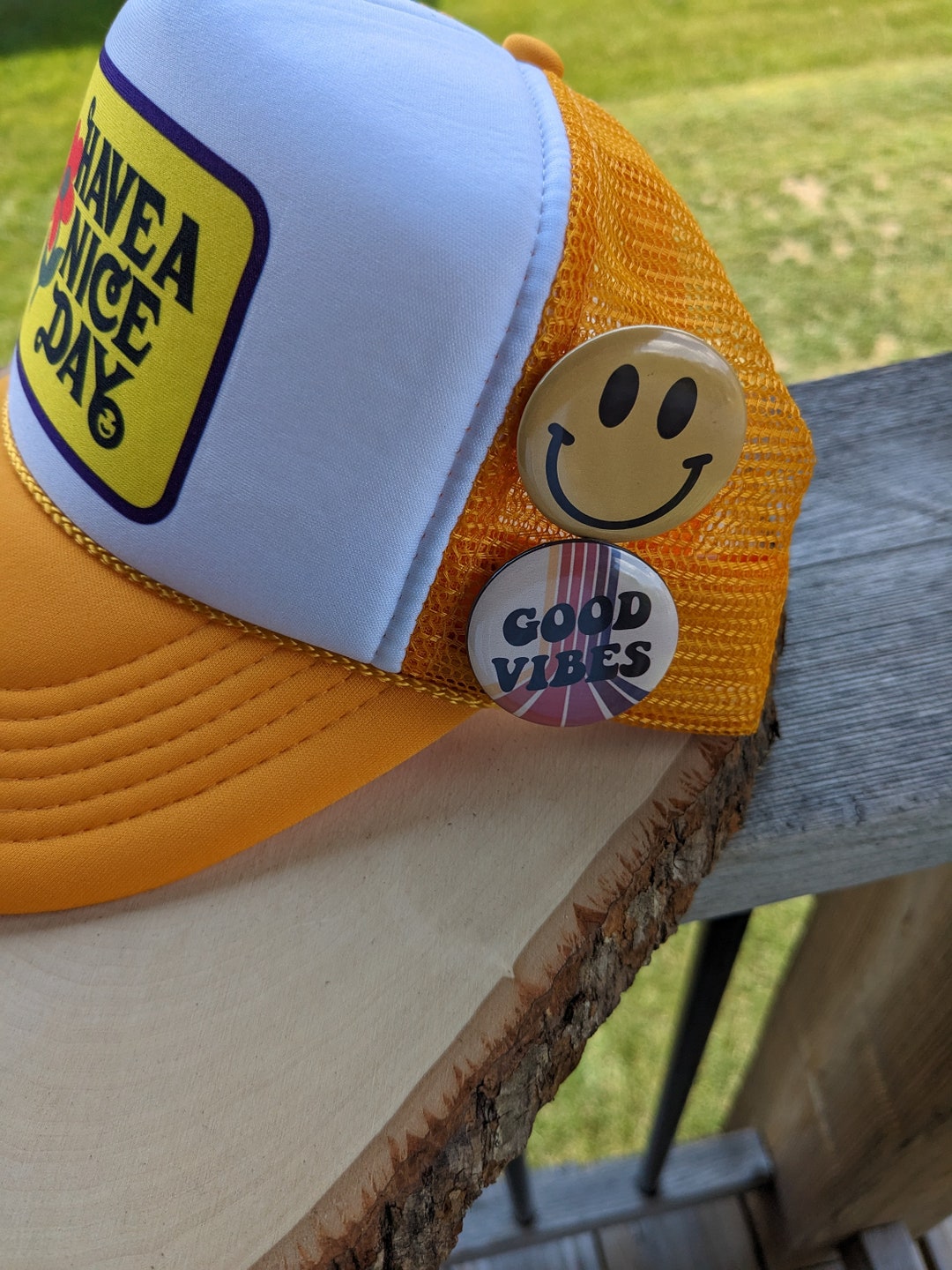 Lake Hat Good Vibes Trucker Hat Lake Brown Life Smiley Face Have A Nice ...