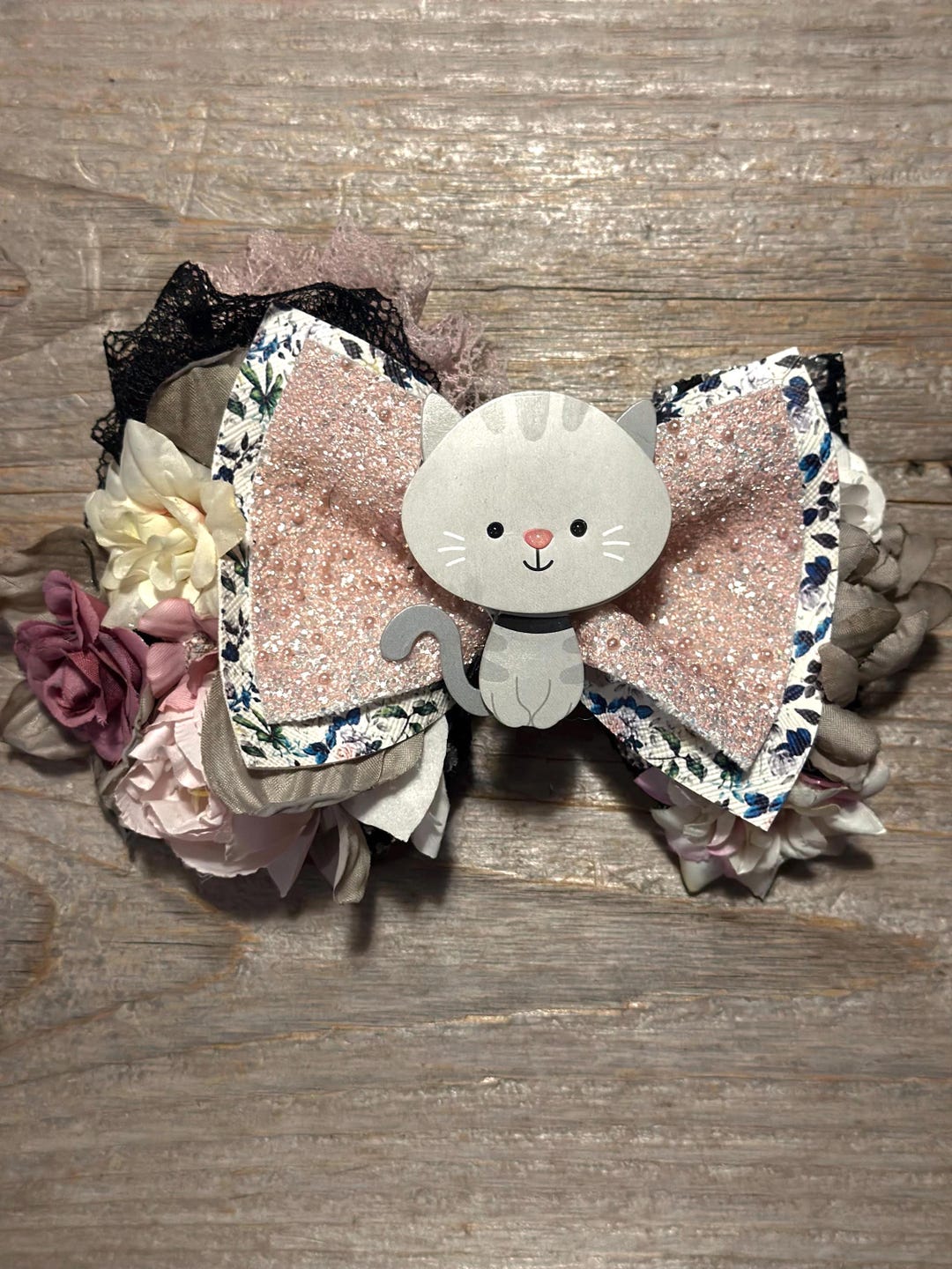 Grey Cat Hair Bow With Flowers | Birthday Hair Bow | Party Hair Bow ...