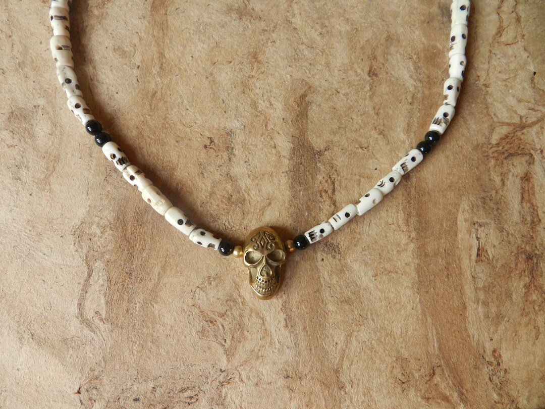 Skull Necklace Bone Beads Mala Kali Skull Pendant Obsidian Handmade - Etsy
