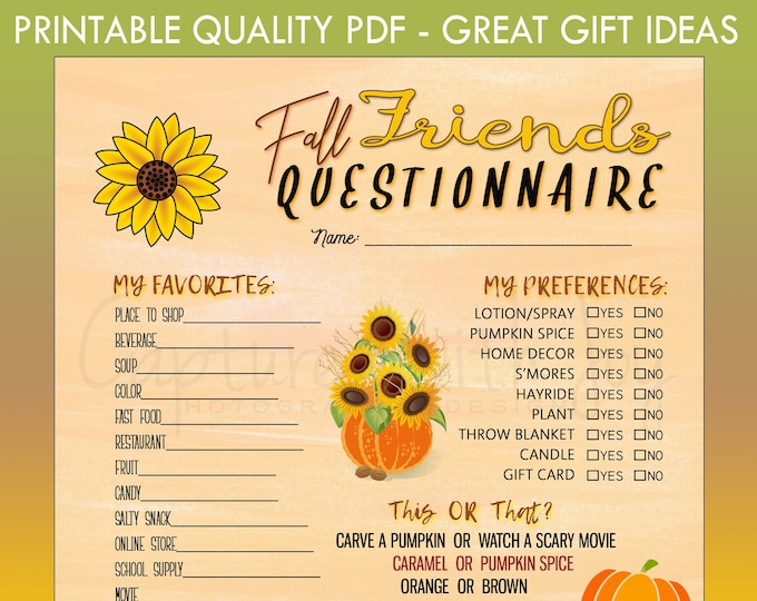 Printable PDF - Fall Friends Questionnaire for Fall Theme Gift Exchange ...