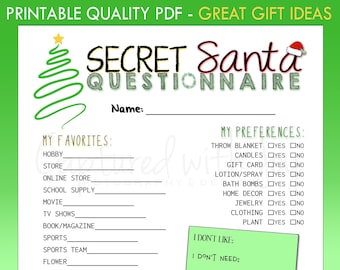 Printable PDF Secret Santa Gift Exchange Questionnaire work or Personal ...