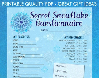 Printable PDF Secret Santa Gift Exchange Questionnaire work or Personal ...