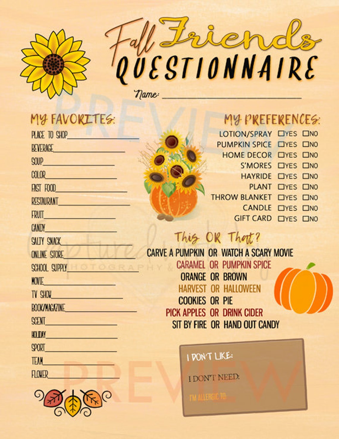 Printable PDF - Fall Friends Questionnaire for Fall Theme Gift Exchange ...