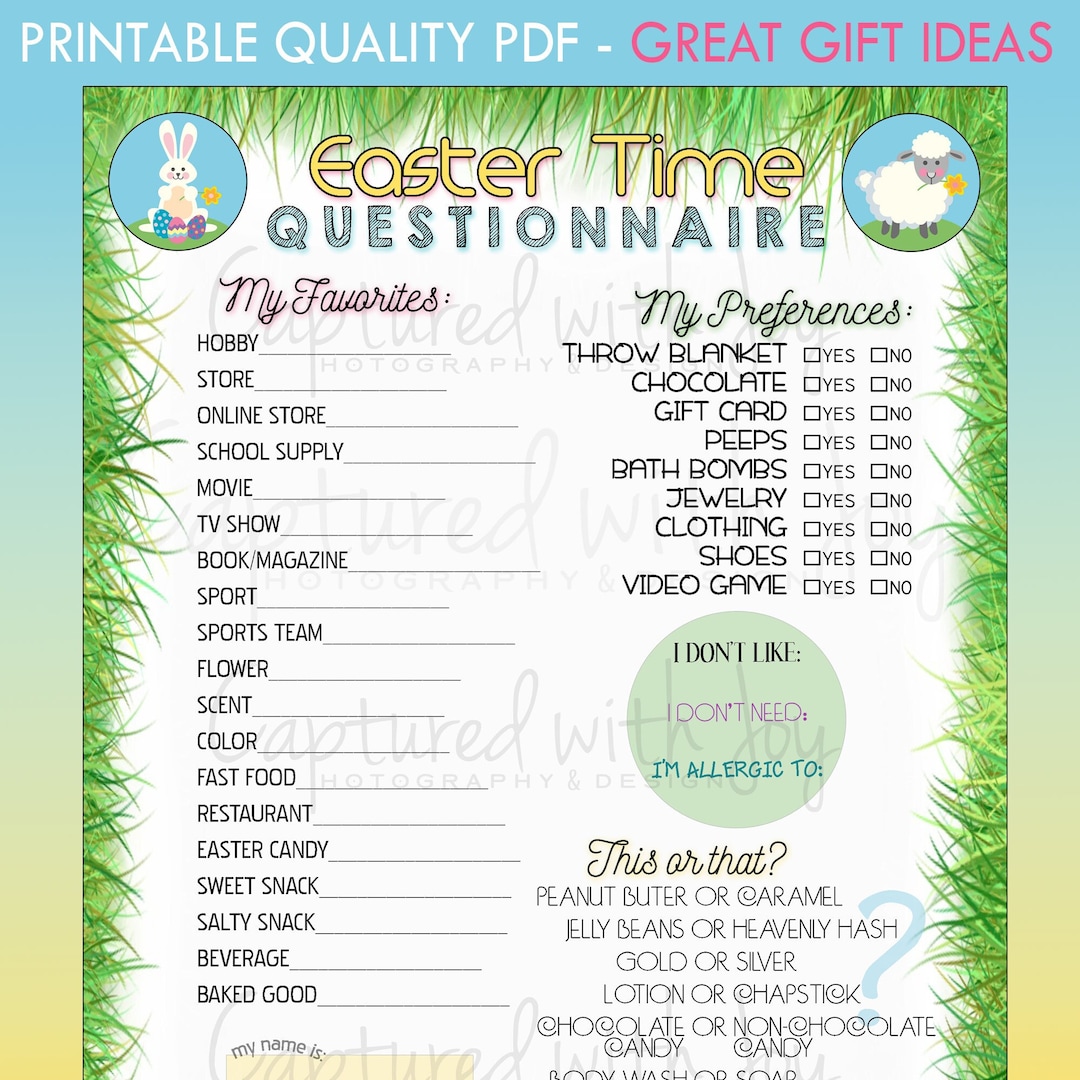 DIGITAL PDF DOWNLOAD - Easter Time Questionnaire (gift Exchange, Gift ...