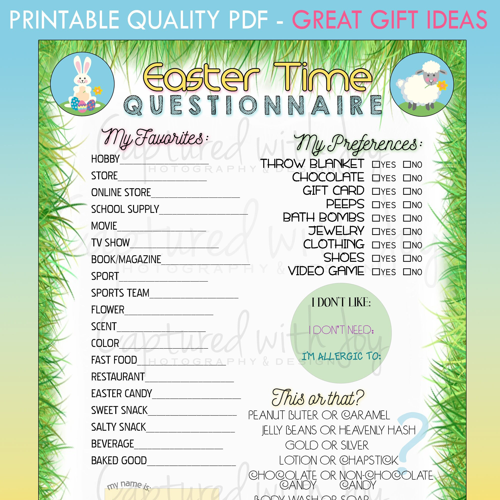 DIGITAL PDF DOWNLOAD - Easter Time Questionnaire (gift Exchange, Gift ...