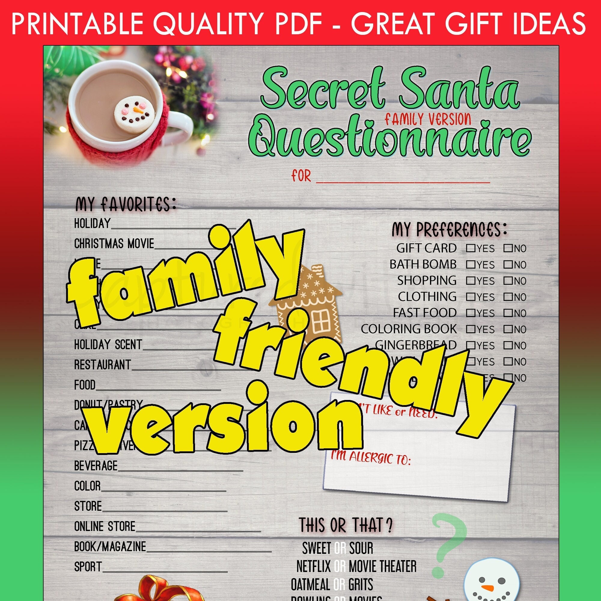 FILLABLE PDF Gift Exchange Questionnaire - Secret Santa (FAMILY Version ...