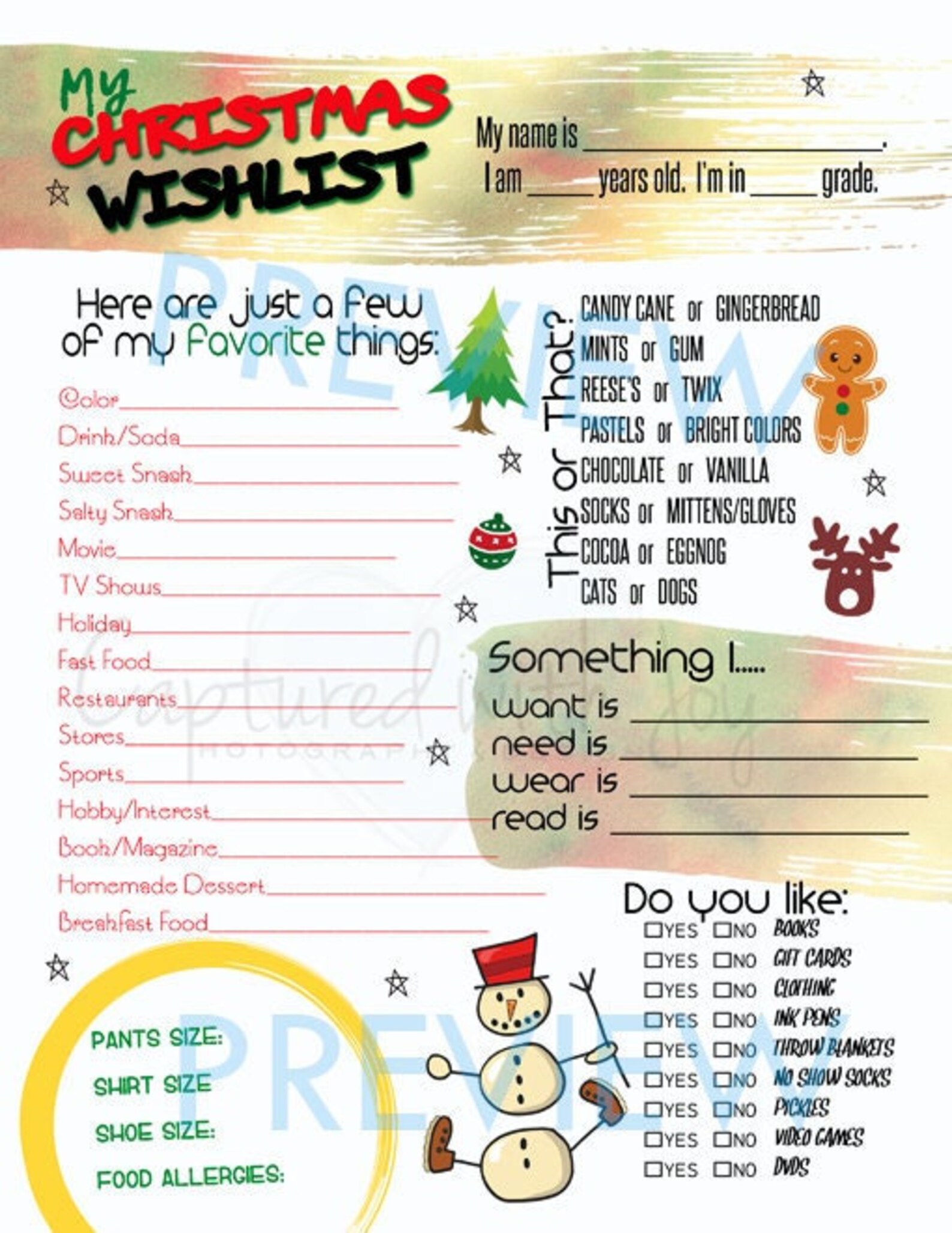 Printable Christmas Wish List, Instant PDF Download, Printable Wish ...