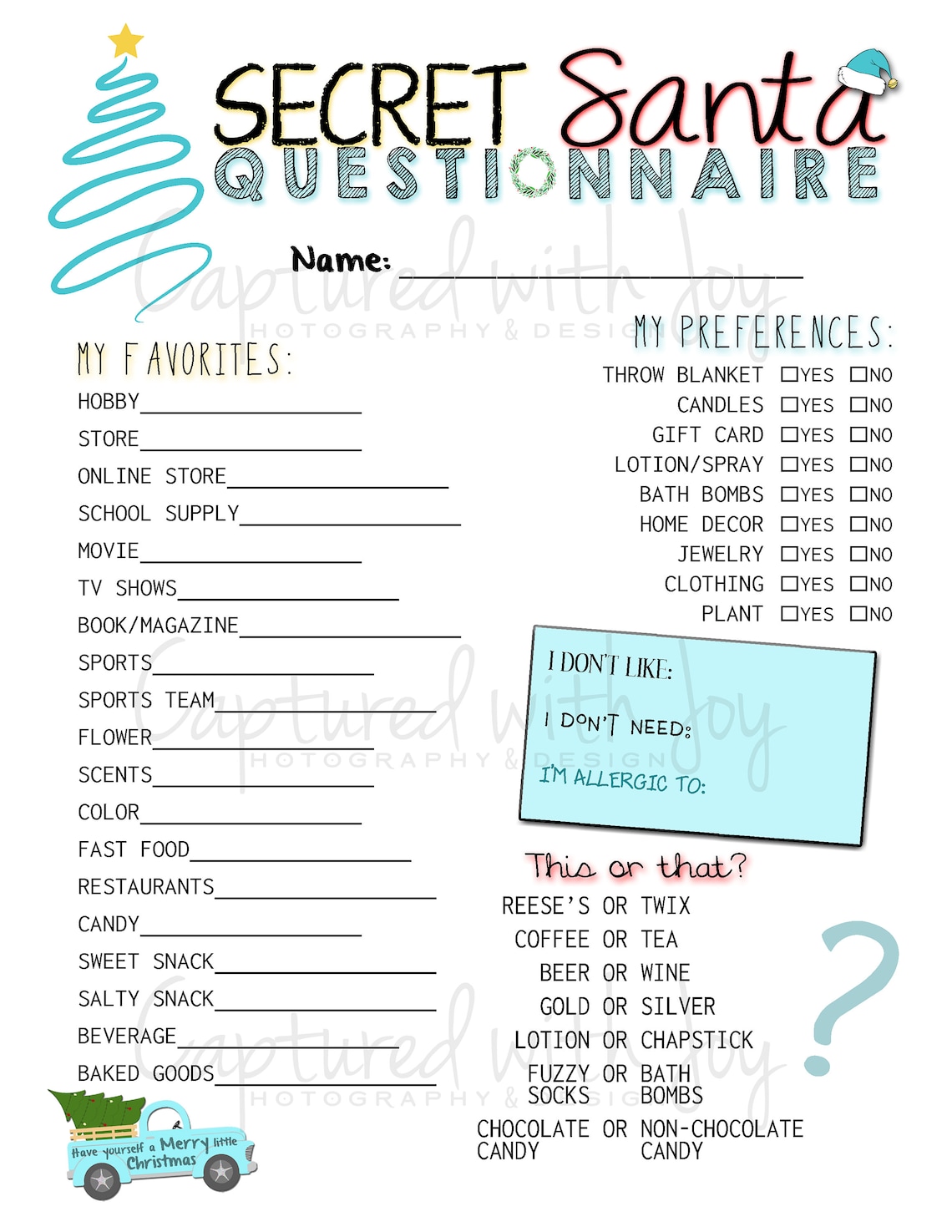 Printable Secret Santa Questionnaire for Gift Exchange (work or ...