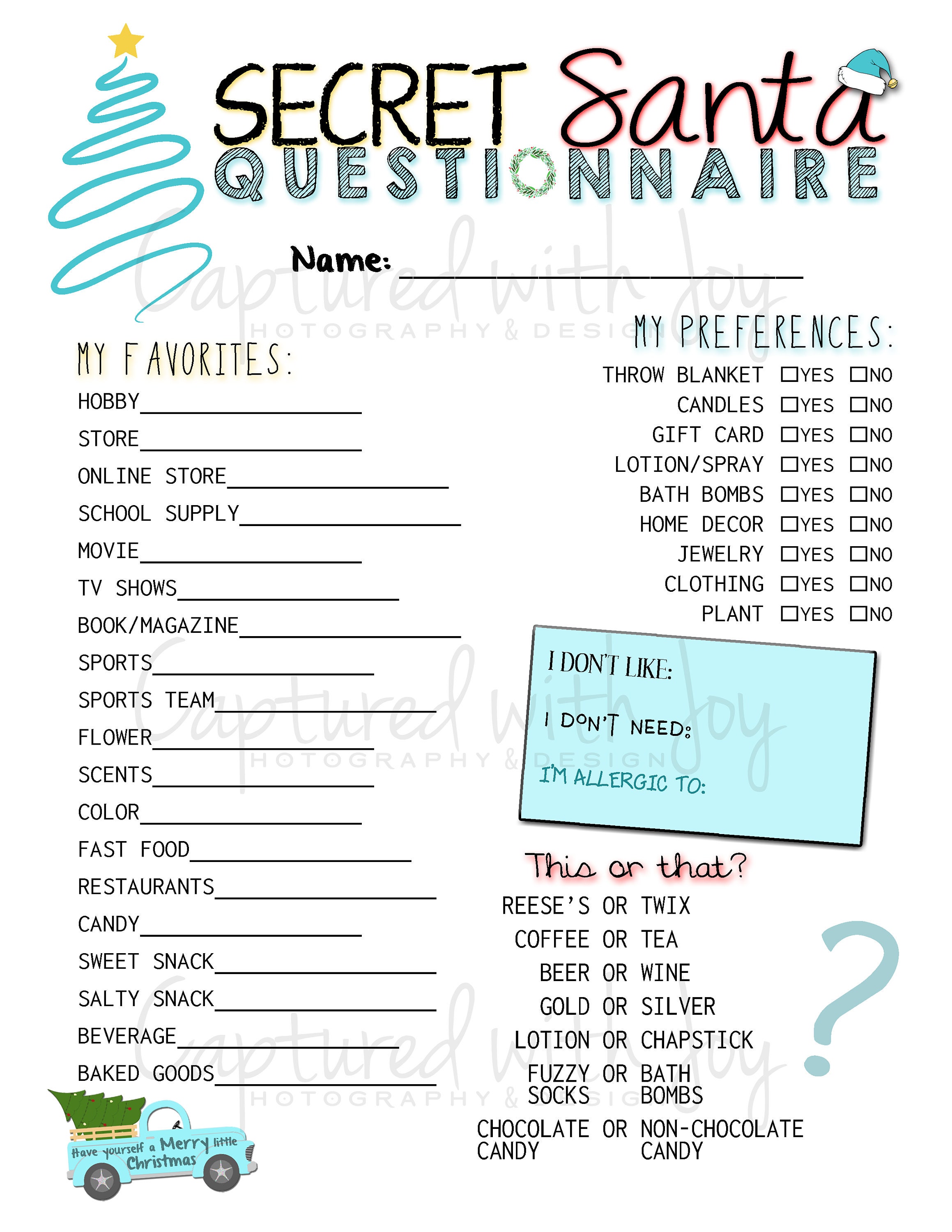 Printable Secret Santa Questionnaire for Gift Exchange (work or ...