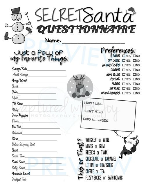Secret Santa Gift Exchange Questionnaire PRINTABLE PDF FILE | Etsy