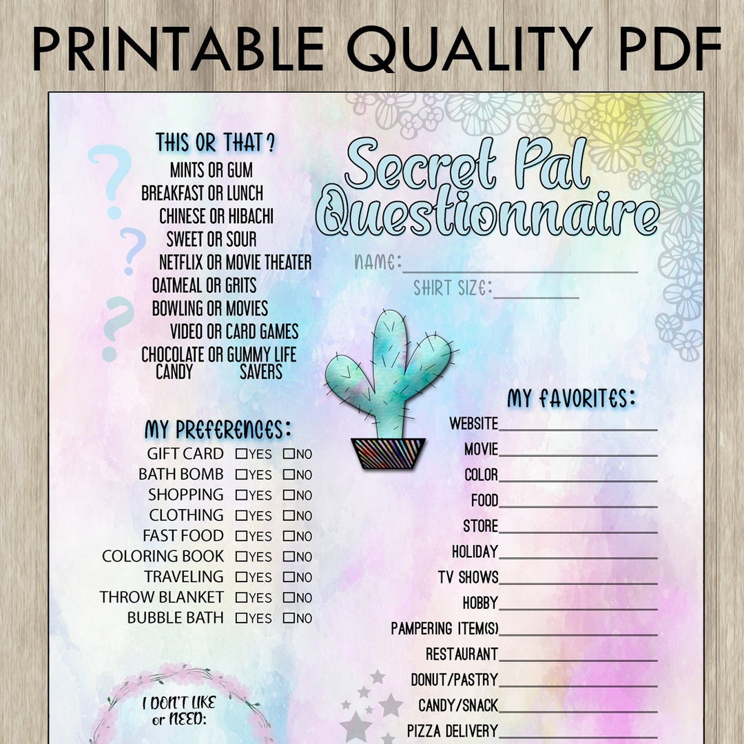 PDF Gift Exchange Questionnaire Secret Pal - Etsy