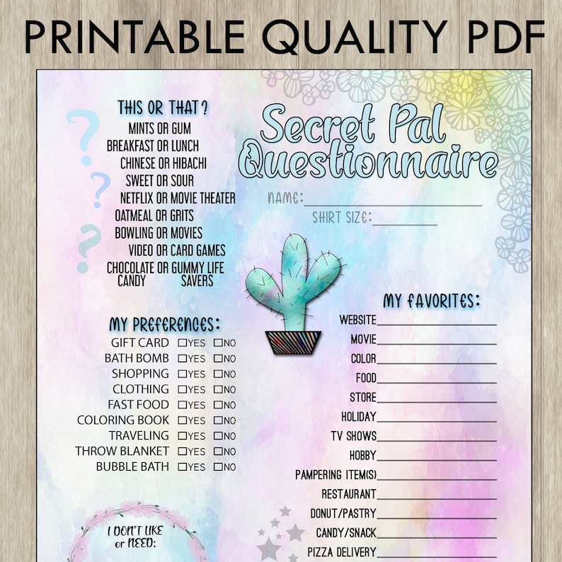 PDF Gift Exchange Questionnaire Secret Pal - Etsy
