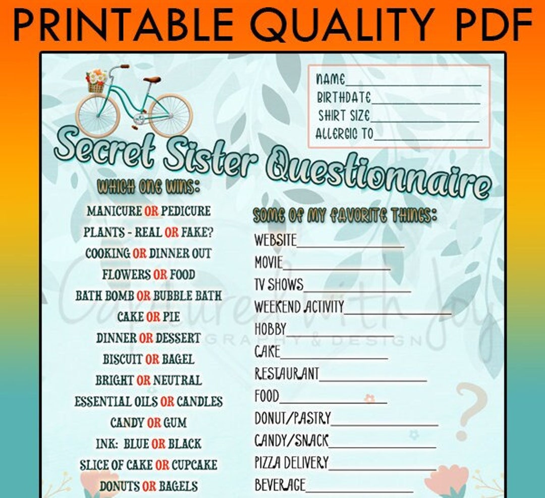 Printable PDF Secret SISTER Questionnaire (work or Personal) #2 - Etsy