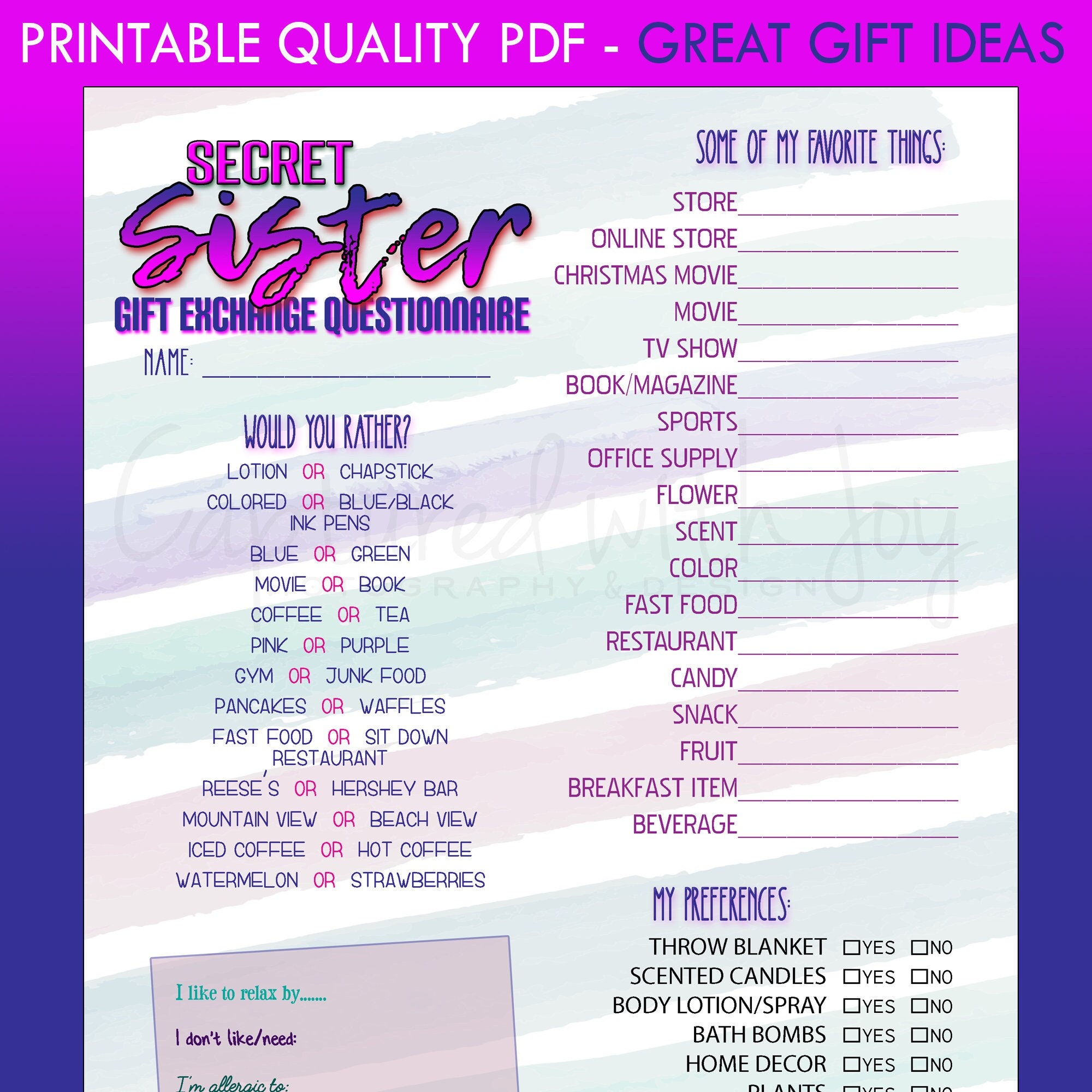 Printable PDF Secret SISTER Gift Exchange Questionnaire (work or ...