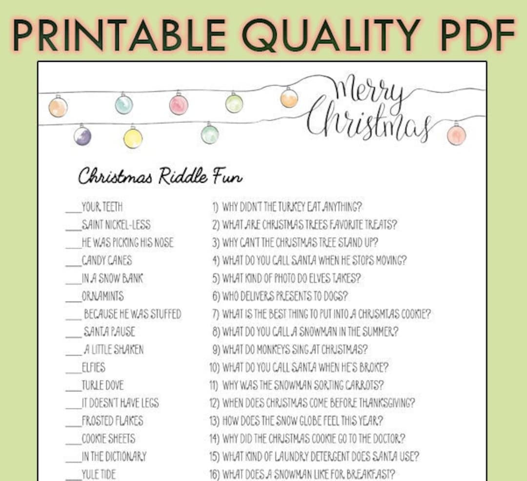 Christmas Riddle Fun Printable PDF - Trivia Game - Activities - Holiday ...