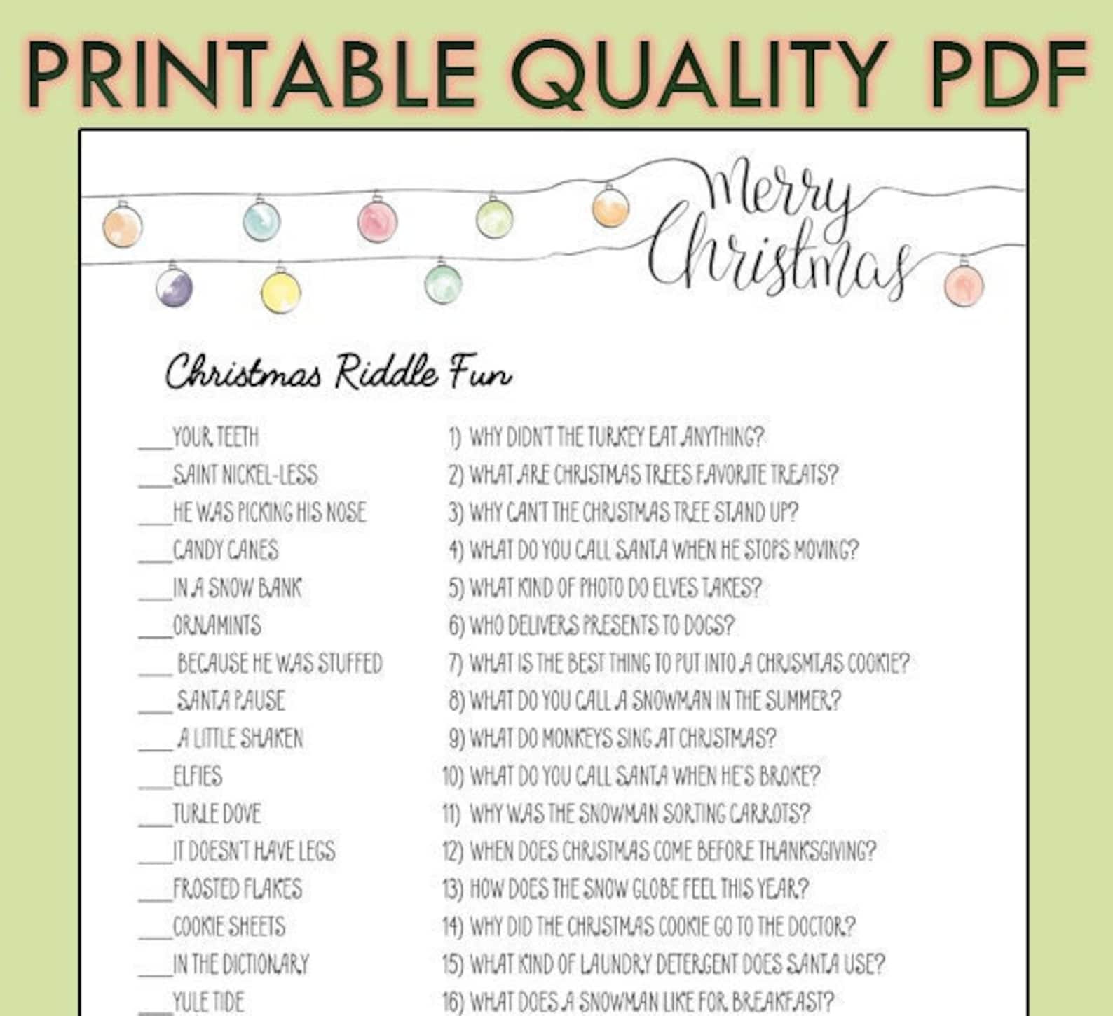 Christmas Riddle Fun Printable PDF - Trivia Game - Activities - Holiday ...