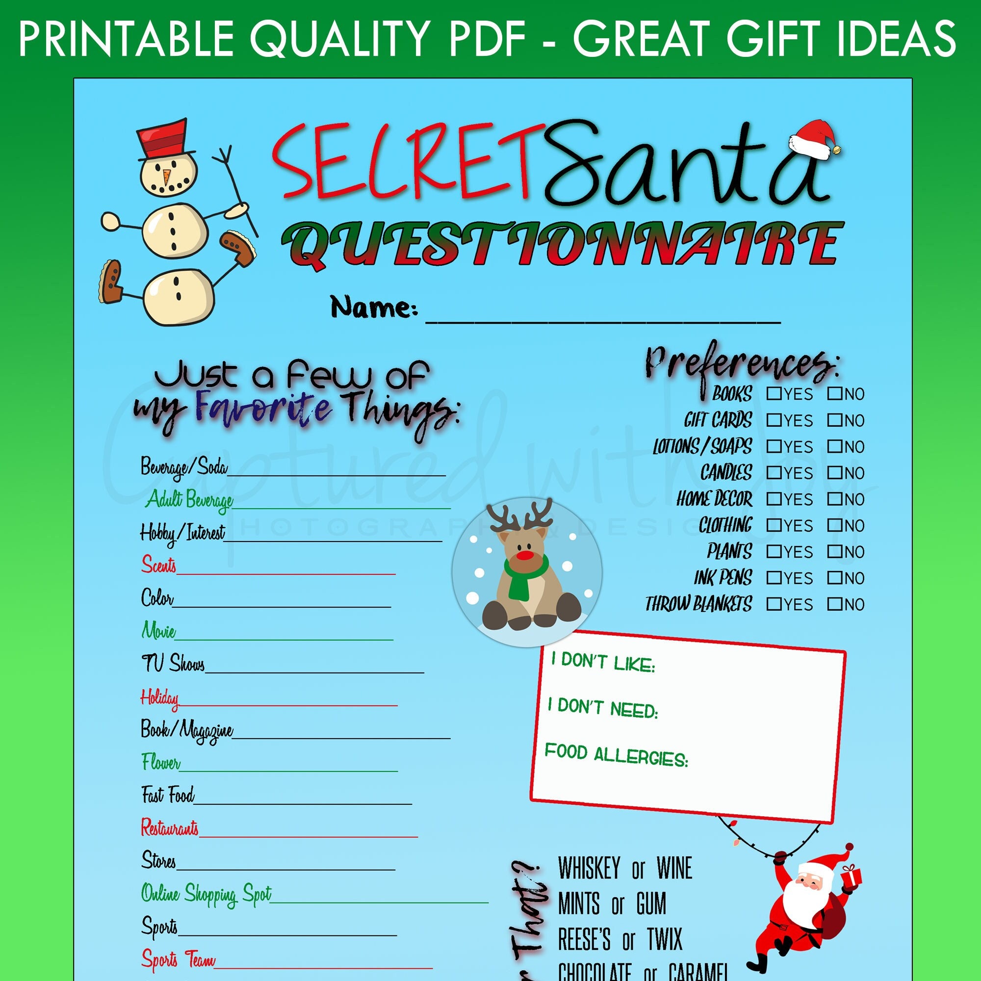 Secret Santa Gift Exchange Questionnaire PRINTABLE PDF FILE - Etsy