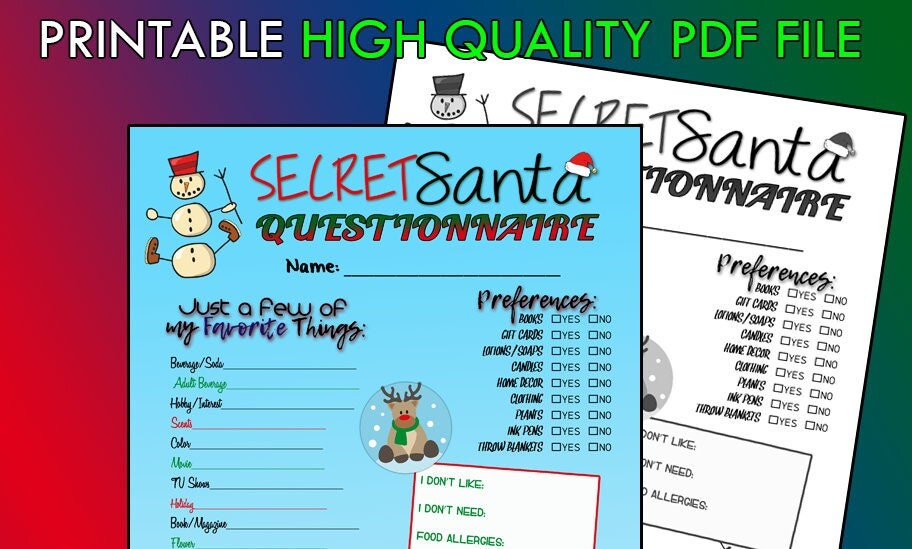Secret Santa Gift Exchange Questionnaire PRINTABLE PDF FILE | Etsy