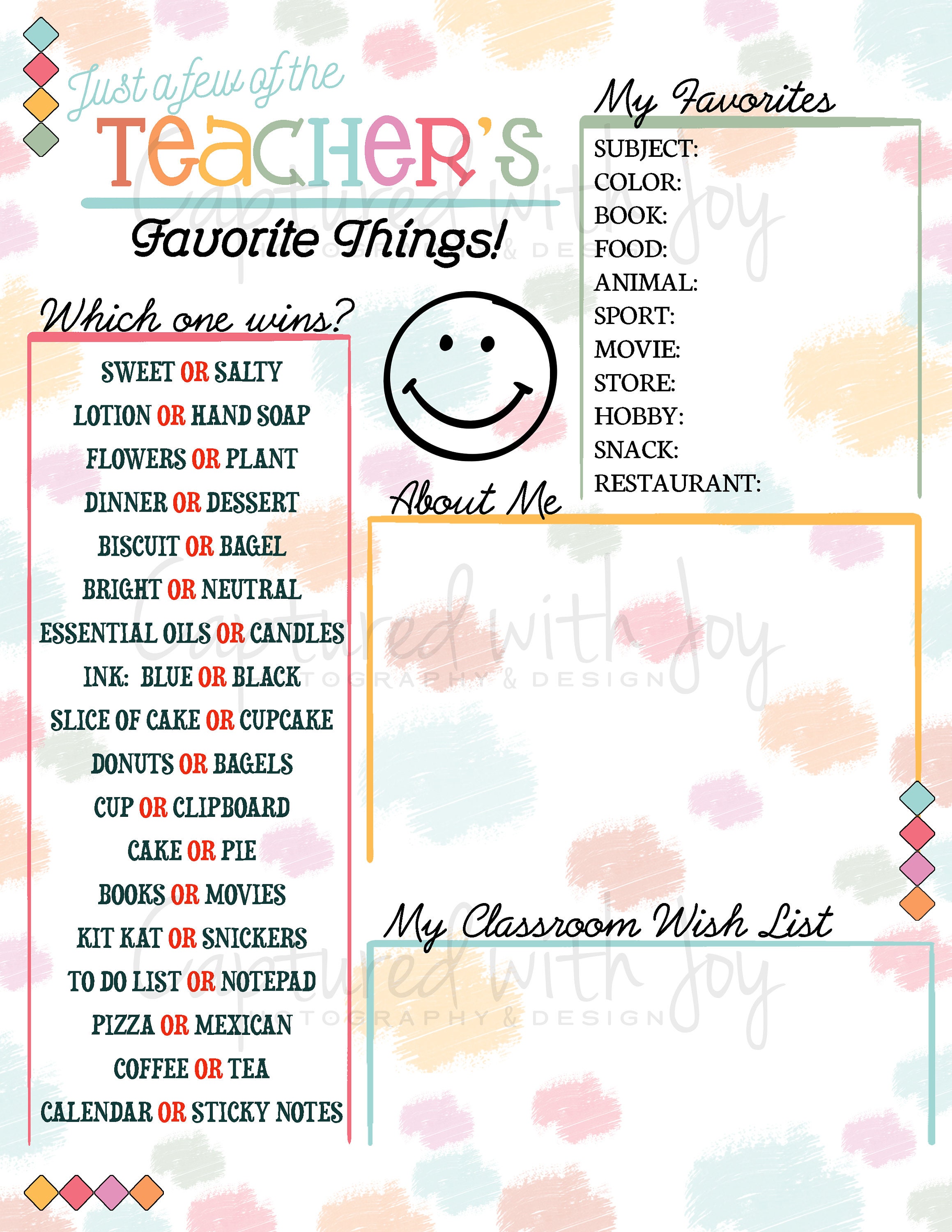 Teacher's Favorite Things - INSTANT DOWNLOAD - Printable PDF - Etsy
