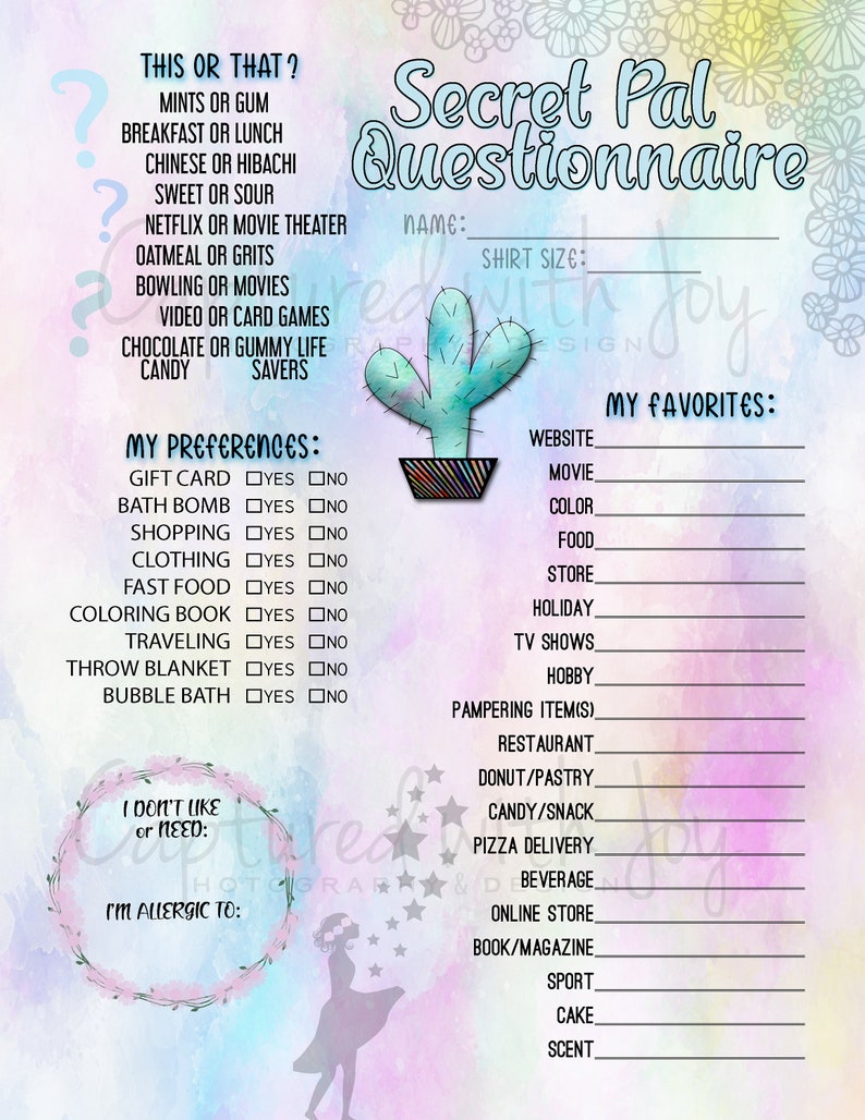 PDF Gift Exchange Questionnaire - Secret Pal - Etsy