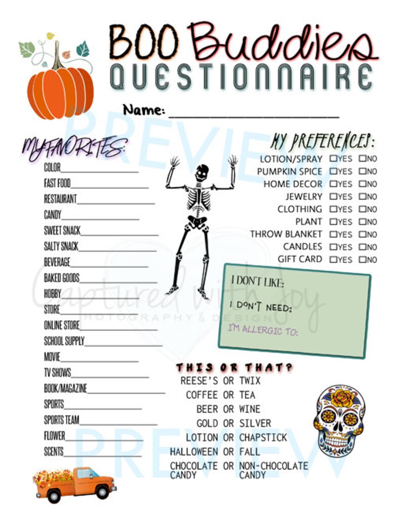 Printable PDF Boo Buddies Questionnaire for Halloween Theme - Etsy