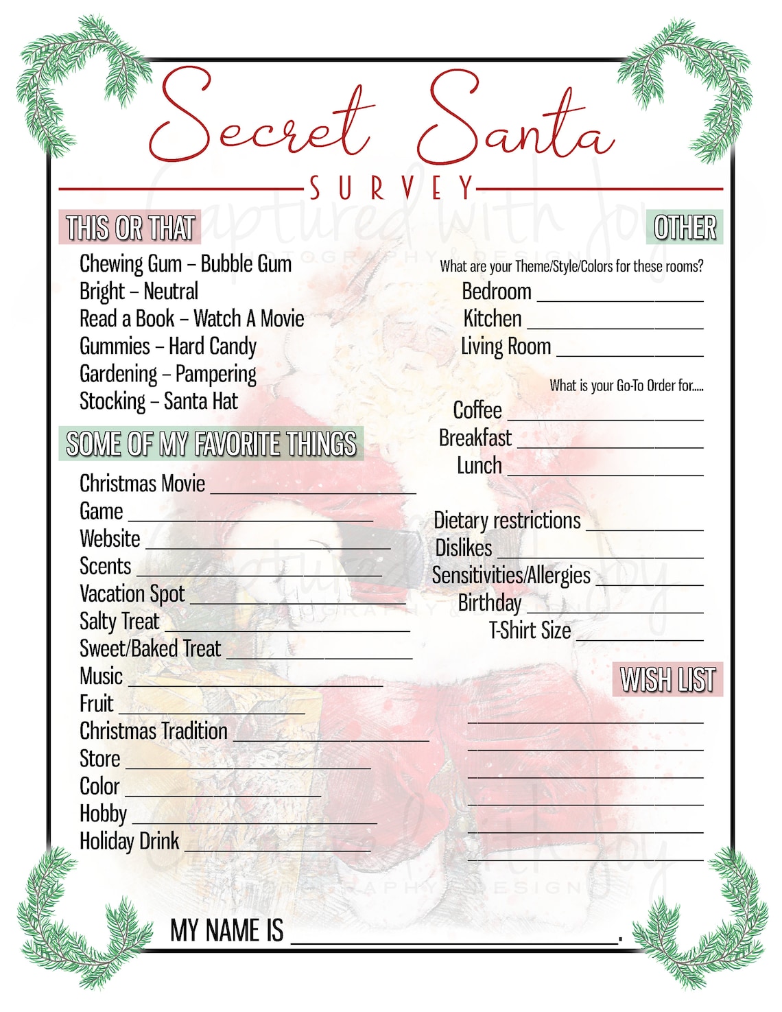 Secret Santa Survey -- FILLABLE Printable PDF (work or Personal) - Etsy