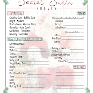 Secret Santa Survey -- FILLABLE Printable PDF (work or Personal) - Etsy