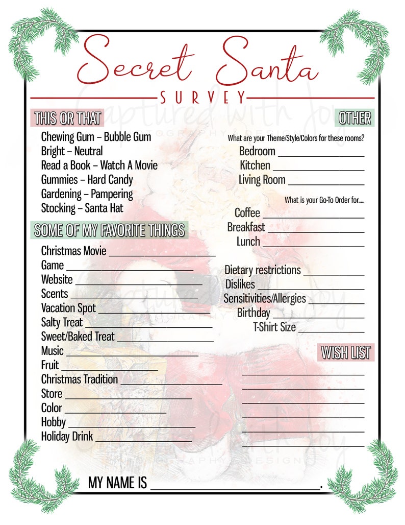 Secret Santa Survey -- FILLABLE Printable PDF (work or Personal) - Etsy