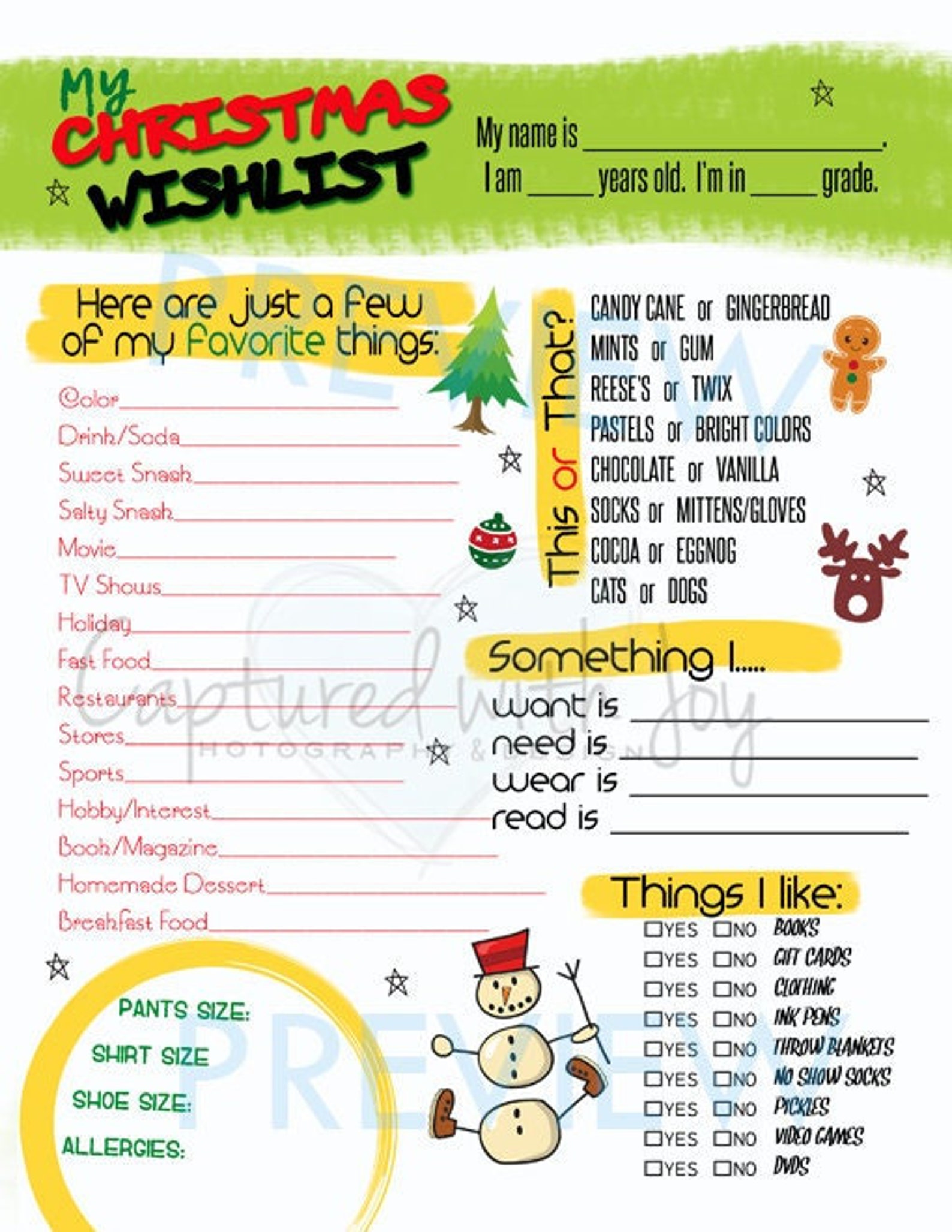 Printable Christmas Wish List, Instant PDF Download, Printable Wish ...