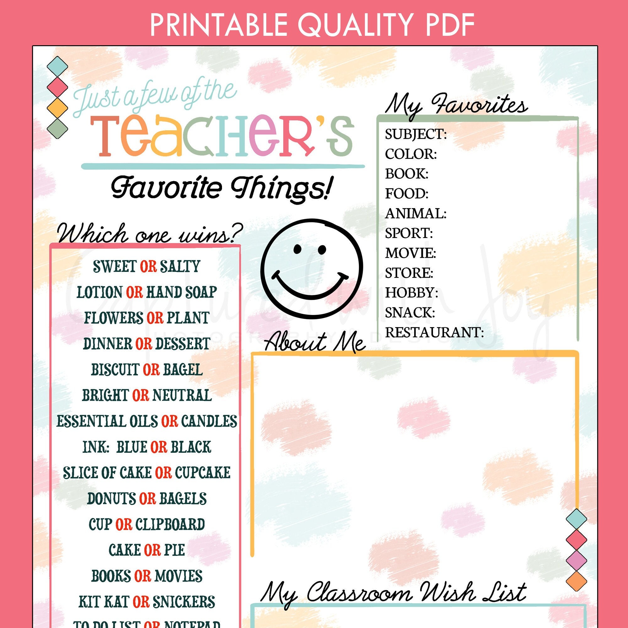 Teacher's Favorite Things - INSTANT DOWNLOAD - Printable PDF - Etsy