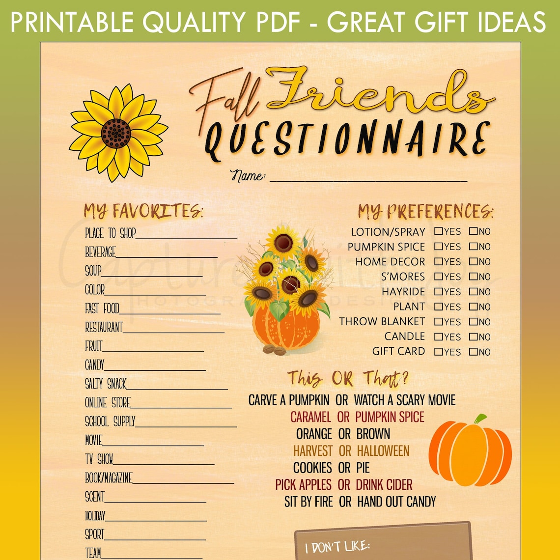 Printable PDF - Fall Friends Questionnaire for Fall Theme Gift Exchange ...