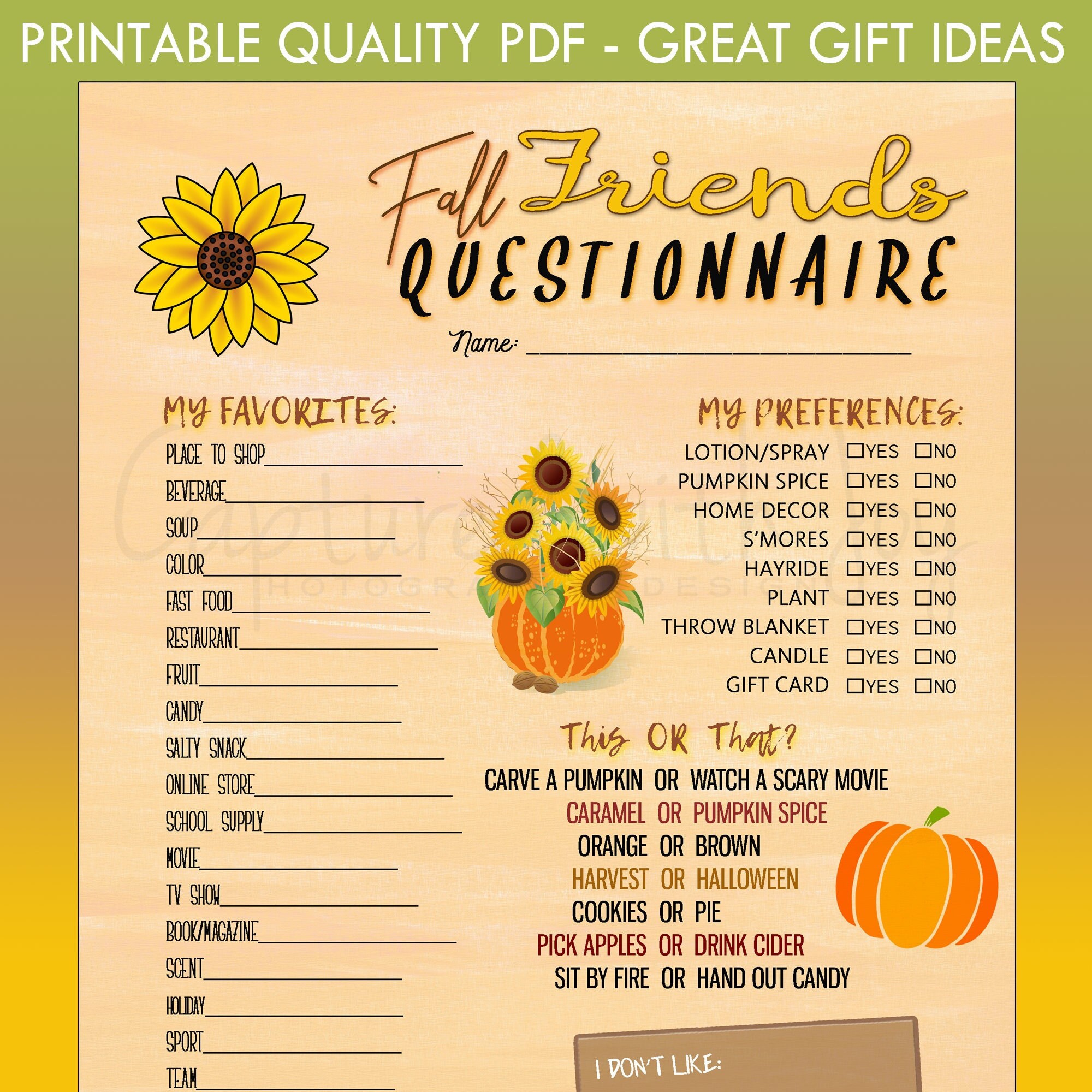 Printable PDF - Fall Friends Questionnaire for Fall Theme Gift Exchange ...